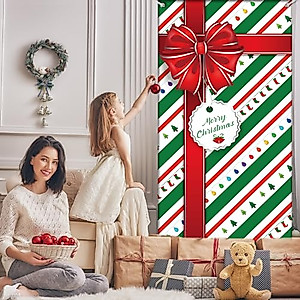 WovWeave 2 Pcs Christmas Door Cover Merry Christmas Front Door Hanging Banner 71 x 35 Inch Xmas Gifts Box and Elves Delivering Gifts Backdrop Door Cover for Holiday Indoor Outside Party Supplies