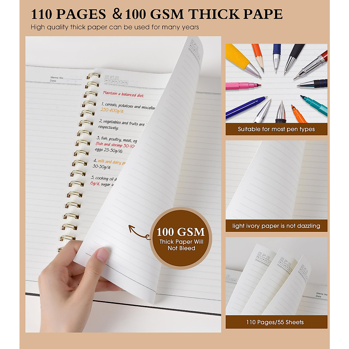 Spiral Notebook Journal 8.5” x 11”, A4 Large Notebooks for Women Men, College Ruled Lined Journal, 100 GSM Paper, Plastic Hardcover Spiral Bound Journals for Work School Note Taking Business, Black