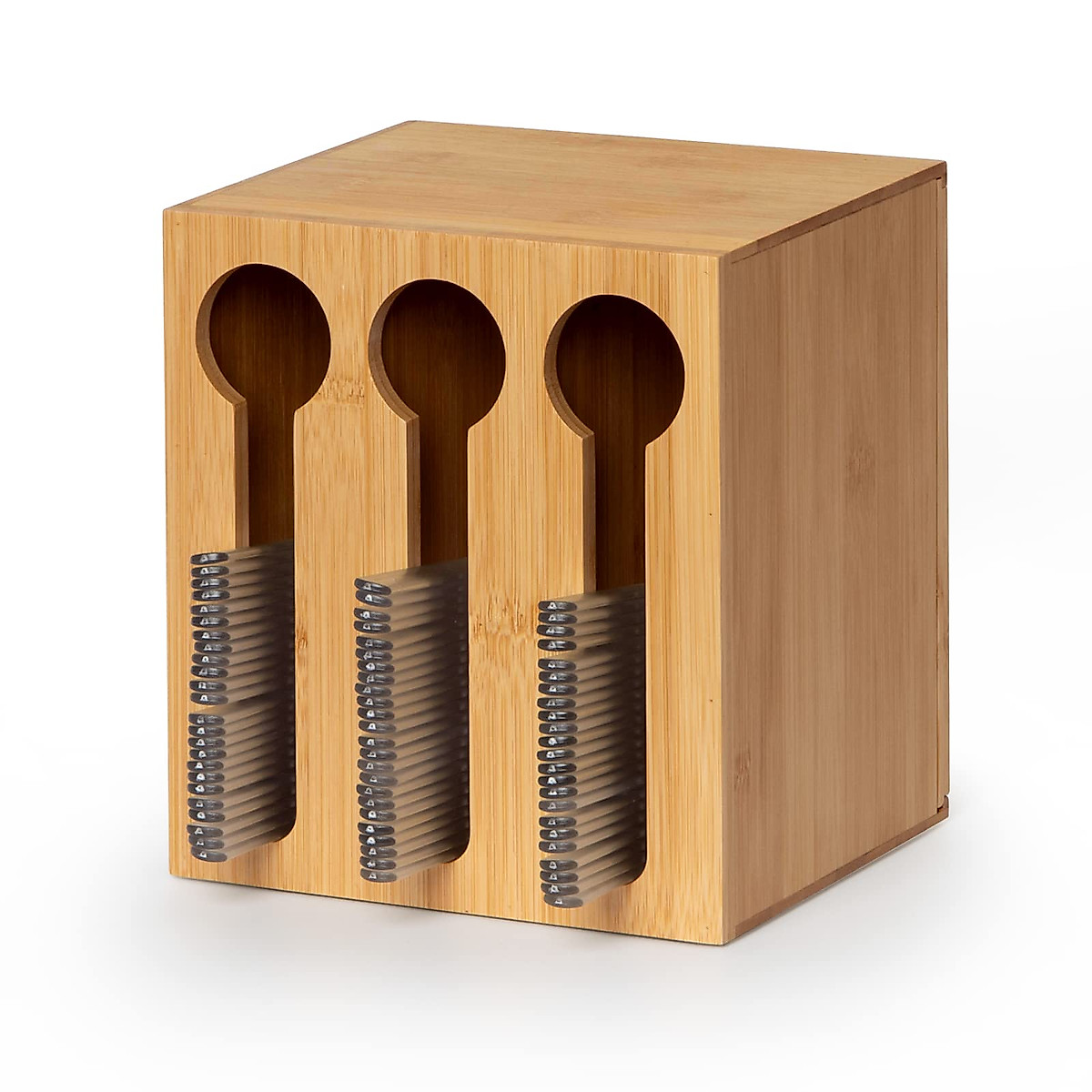 ANBOXIT Bamboo Utensil Dispenser for Spoons and Forks, Plastic Utensil Holder Station with 3 Compartments, Plastic Utensil Organizer, Cutlery Dispenser for Party, Wedding, Church and Breakroom