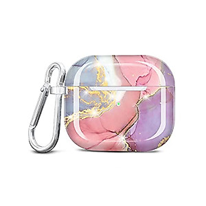 JIAXIUFEN Case Designed for AirPods 3 Case Cover Sparkle Glitter Marble Full Protective TPU Skin Accessories for Women Girl with Keychain Compatible with Airpods 3rd Generation Case - Pink Purple