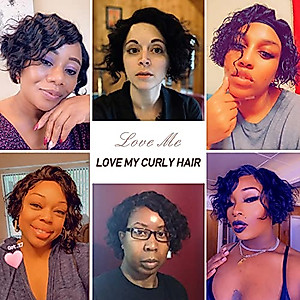 WIGER Short Lace Front Wigs Human Hair for Women Short Curly Bob Wig Black Wavy Lace Wig Black Pixie Cut Wig Brazilian Virgin Human Hair Curly Wigs 180% Density Side Part