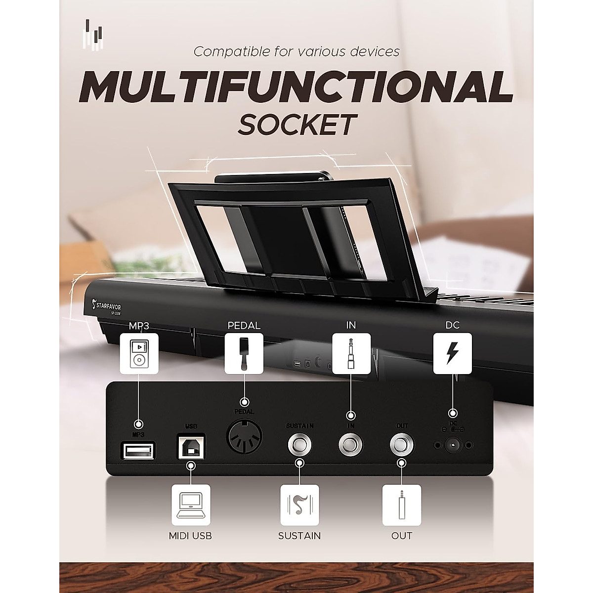 Starfavor SP-150W Digital Piano,88 Key Weighted Keyboard with Hammer Action,2x30W Speakers,200 Rhythms,238 Tones, Electric Piano Keyboard 88 Keys with Triple Pedal, Wood Grain Pattern, MIDI/USB