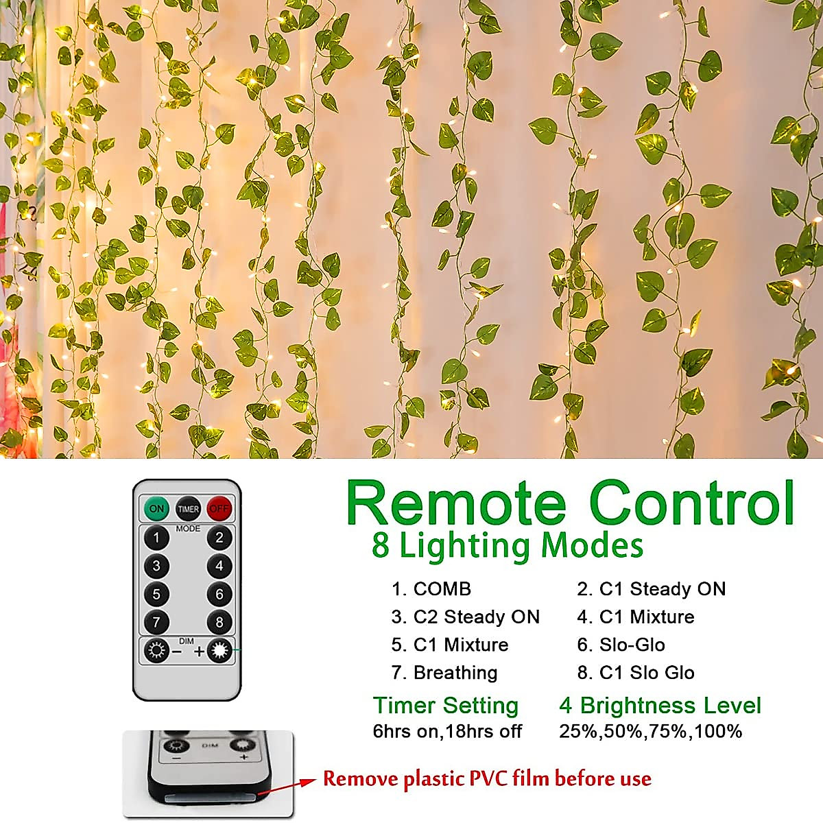 Opvande Lightd 12 Pcs Fake Ivy Vines Curtain String Light 240 LED, 8 Mode & Timer Green Hanging Fake Plant for Bedroom Wall Hanging Garden Home Room Jungle Party Indoor Outdoor