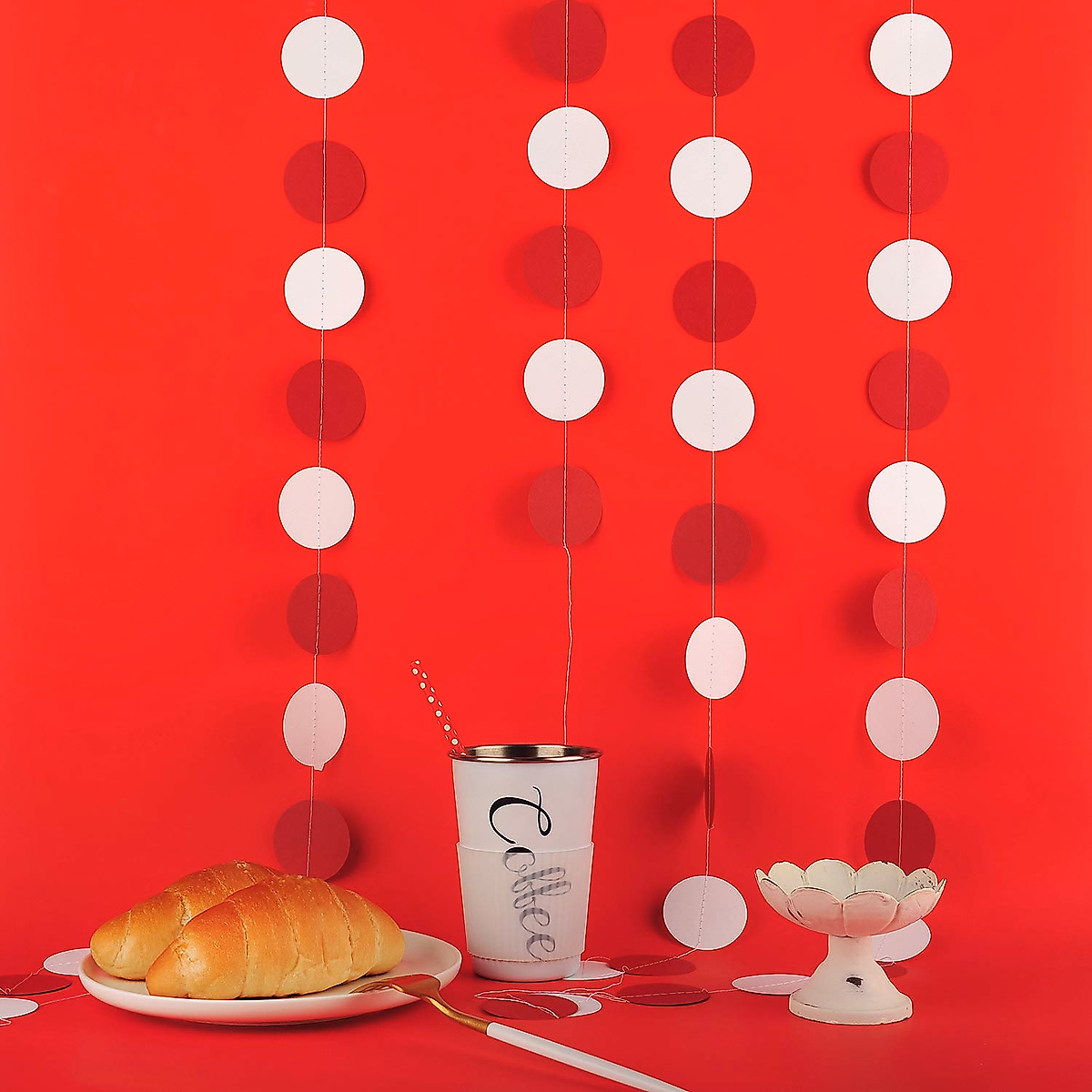 Red and White Paper Garland Circle Dots Party Garland Banner Streamer Backdrop Hanging Decorations, 2" in Diameter, Pack of 3, 30 Feet in Total