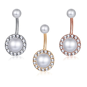 Lenacou Pearl Flower Belly Button Rings 14G Surgical Stainless Steel Navel Barbell Stud Cubic Zirconia Body Piercing (Silver)