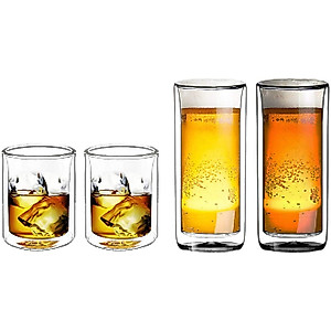 Sun's Tea (Set of 4) Strong Double Wall Glasses - 16oz Highball Beer Glasses and 9oz Old Fashioned Whiskey Glasses (Borosilicate Glass, Not Plastic)