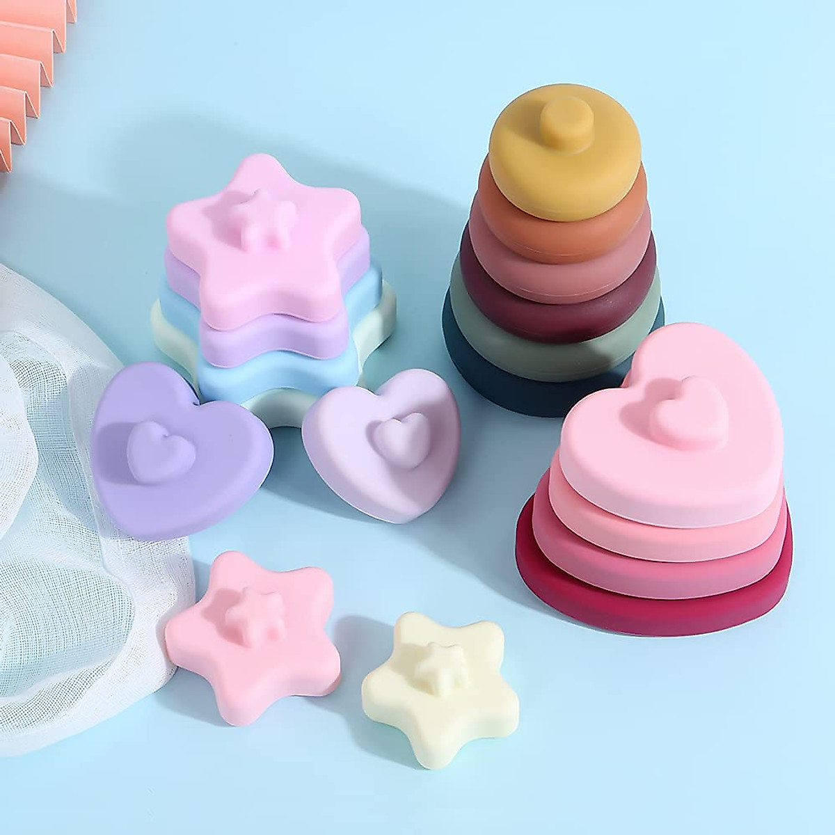 AmazingM Baby Silicone Stacking Toy,6 Pcs Soft Building Ring Stacker,Blockers Tower Teether for 6+ Months Boys and Girls Early Educational Learning. (Star)