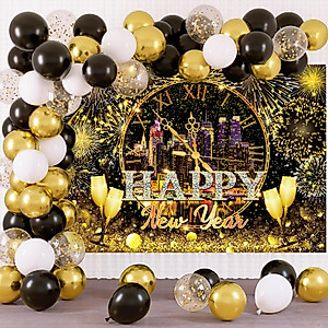 BAIFNEZ 2024 New Year Countdown Backdrop Sparkling Gold Fireworks Champagne Glasses City Night Photography Background New Year's Eve Family Gathering Business Party Decoration Supplies (7x5FT, Gold)