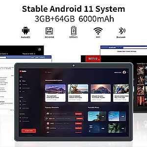 Android 11 Tablet 10inch Phablet, Large Storage 64GB Tablets Dual Stereo Speakers 512GB Expand, Octa-core Processor 3GB RAM 6000mAh Big Battery 10.1'' IPS HD Screen Google Tableta Tab(Blue)