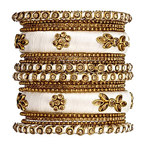 Aheli Royal Design Silk Thread Bangle Set Saree Matching Chuda Indian Traditional Wedding Fashion Jewelry for Women (Silk White-Faux Stone, 2.6)