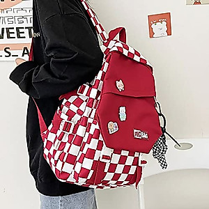 Harajuku Large Fashion Checkered Plaid Backpack Cute Pendant Pins girl boy teen Student School Bag Bookbag Satchel Laptop (Red,Large)