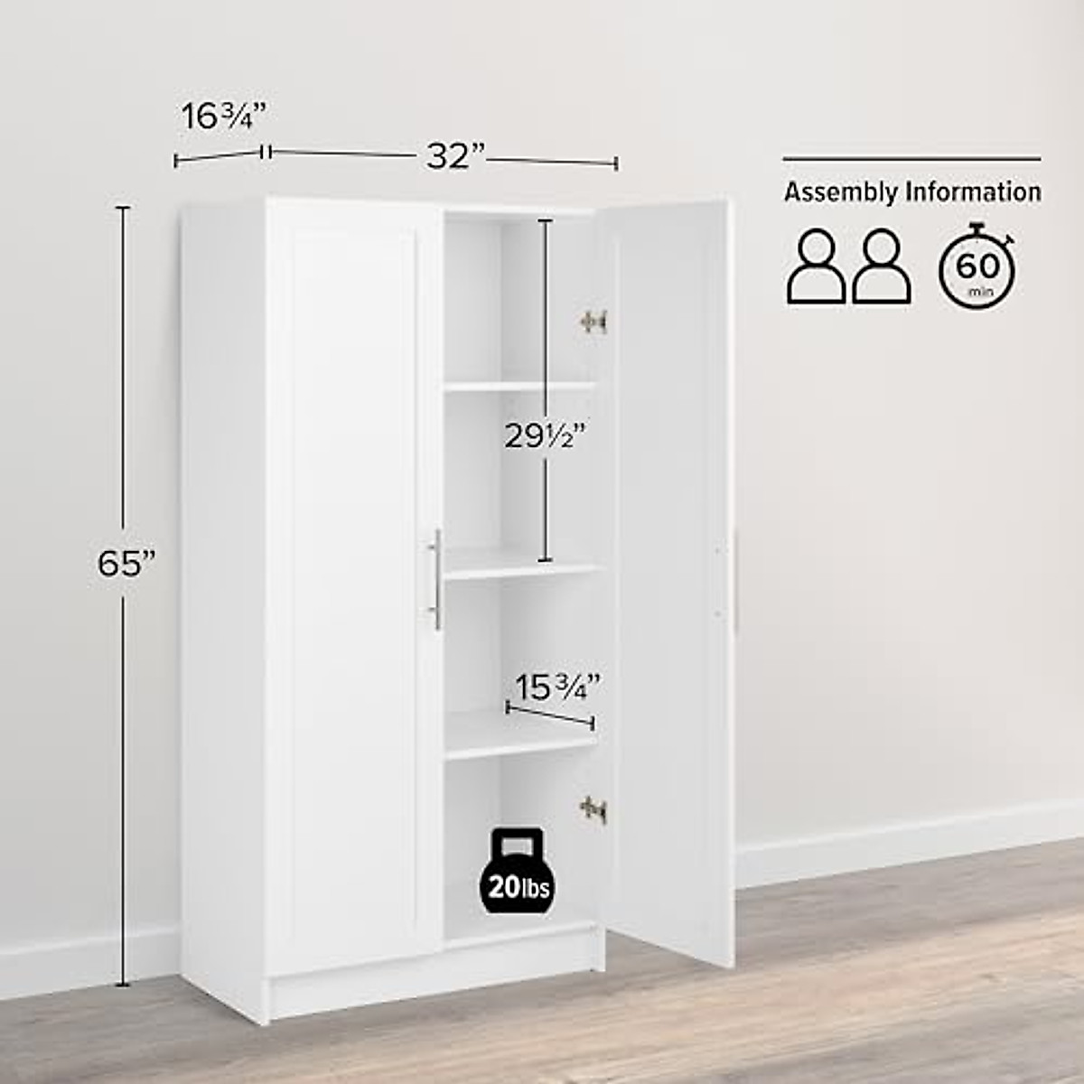 Prepac Elite Storage Accent Cabinet with Panel Doors, White Storage Cabinet, Bathroom Cabinet, Pantry Cabinet with 3 Shelves 16.75" D x 32" W x 65" H