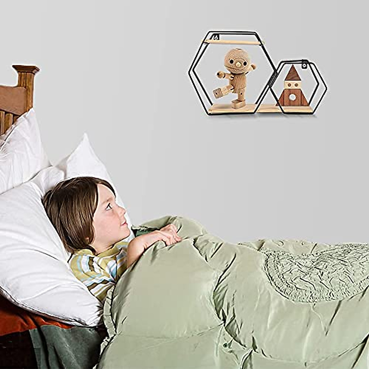 Fasyou Hexagon Floating Shelves Cute Black Honeycomb Shelves Wall Mounted Shelves with Metal Bracket Rustic Solid Wood Wall Shelves for Living Room,Bedroom,Black