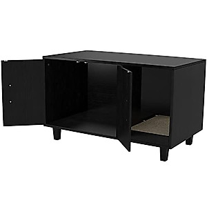 GDLF Modern Wood Pet Crate Cat Washroom Hidden Litter Box Enclosure Furniture House as Table Nightstand with Scratch Pad,Stackable (Black)