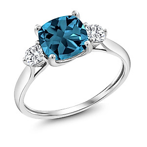 Gem Stone King 10K White Gold London Blue Topaz & White Moissanite 3 Stone Engagement Ring For Women | 2.11 Cttw | Cushion 7MM | Gemstone Birthstone (Size 9)
