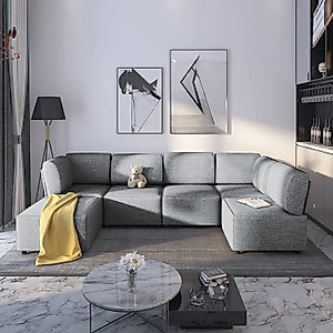 Mjkone Sleeper Sectional Sofa Bed Convertible U Shaped Sofa with Ottoman Linen Fabric L Shaped Couch Variable Modular Sectional Sofa Couches for Living Room Apartment Small Space, Light Grey