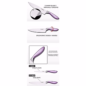 Premium Kitchen Knife 8" Chef Knife Sharp Stainless Steel Blade Beautiful Purple Handle, Peeler, Utility, Paring Vegetable, and Peeling (8 Inch)