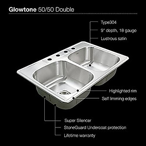 HOUZER 3322-9BS4-1 Stainless Steel Glowtone Double Bowl Drop Sink, 33-by-22-by-9-Inch, 9 Inch Depth / 18 Inch Gauge-4 Holes