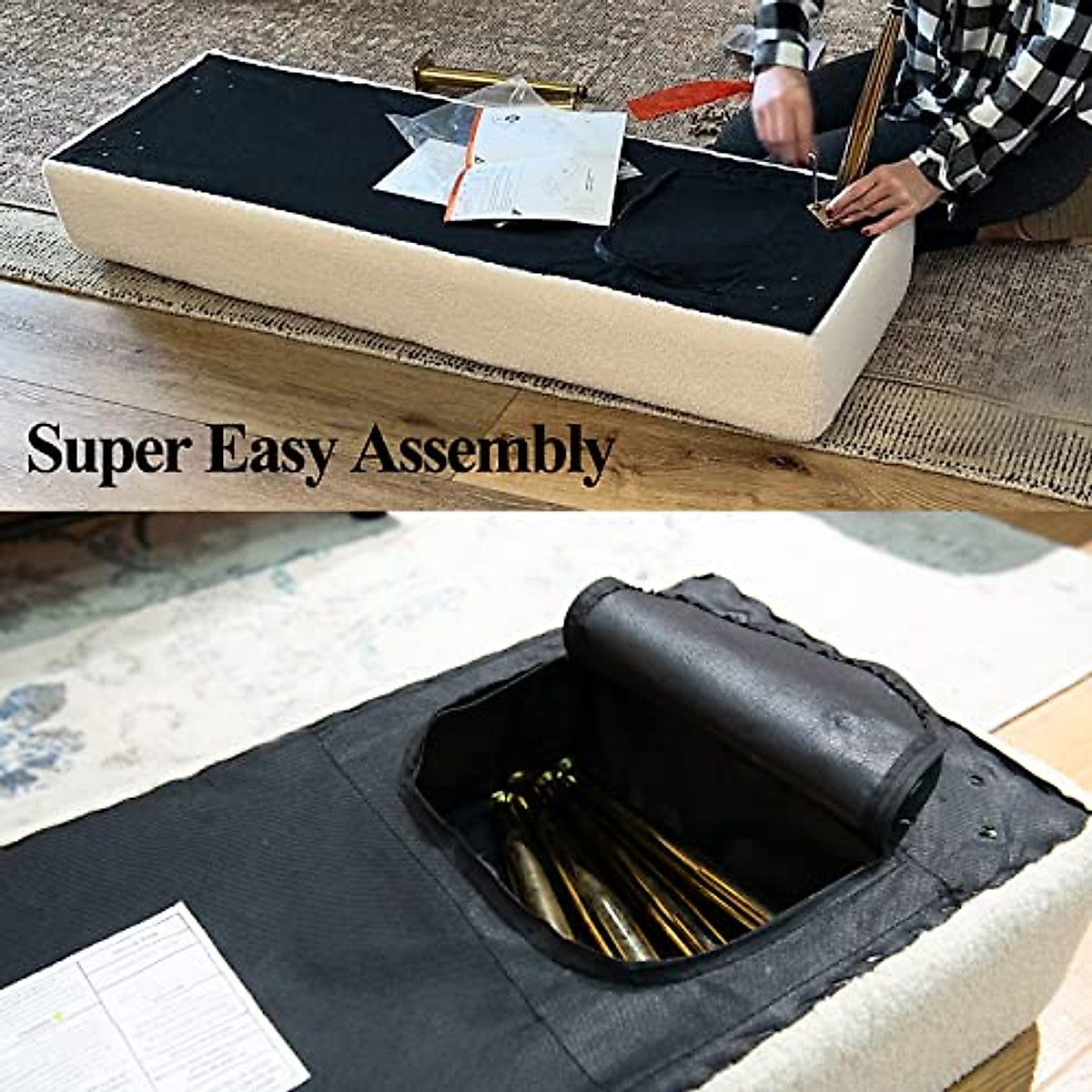 Furnimart 44 Inch Velvet Bench Ottoman Comfortable Footrest Stool Table Bench Dining Bench Tufting Bench Indoor Bench with Gold Legs for Living Room Bedroom Entryway (Velvet-Black)