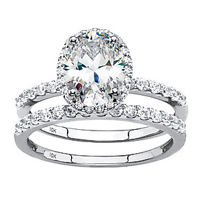 PalmBeach 10K White Gold Oval Cut Cubic Zirconia Halo Bridal Ring Set Sizes 6-10 Size 7