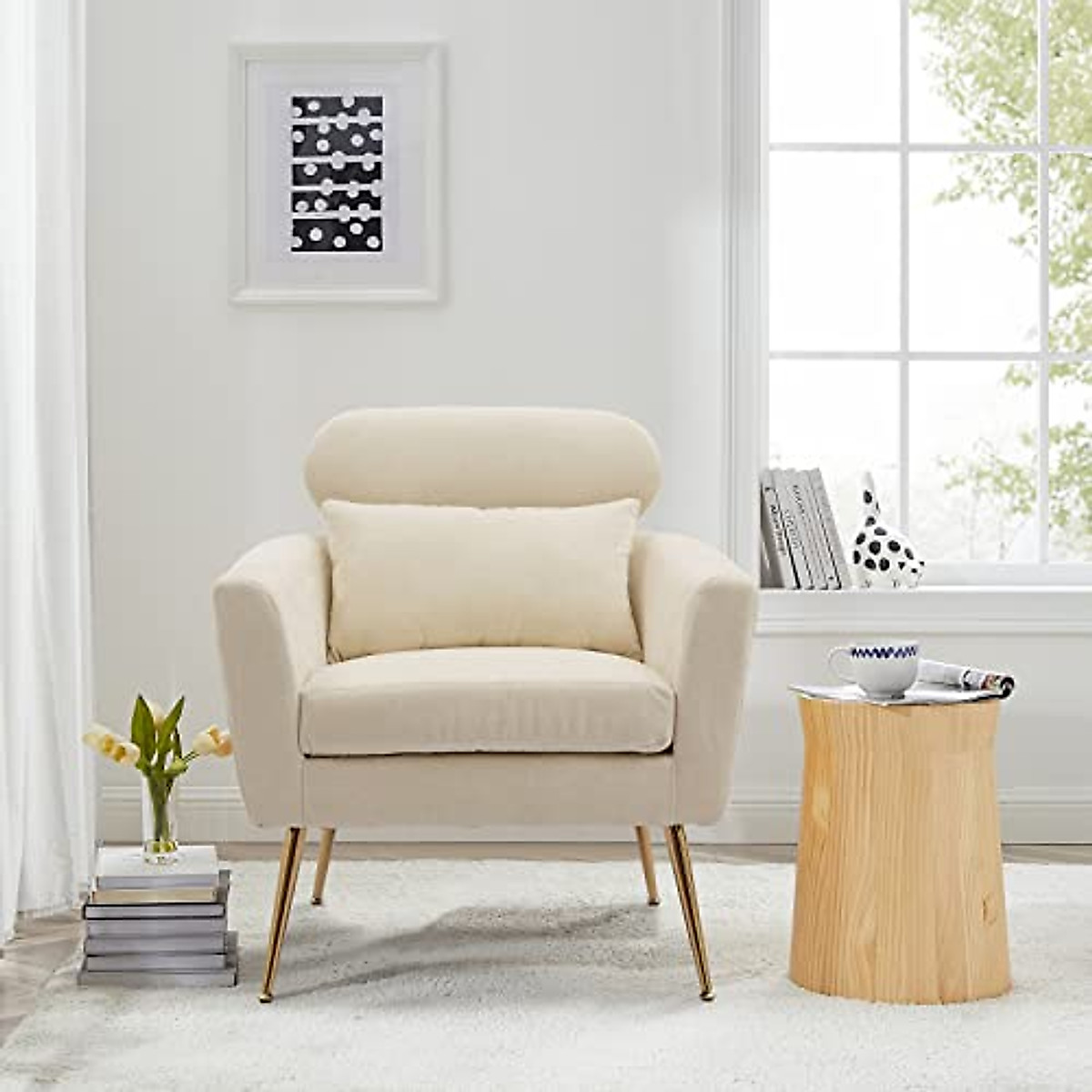 mikibama Mid Century Modern Accent Chair Upholstered Reading Chair Armchair with Throw Pillow Armchair Side Chair for Living Room Bedroom Dorm Room Office (Beige, Chenille)