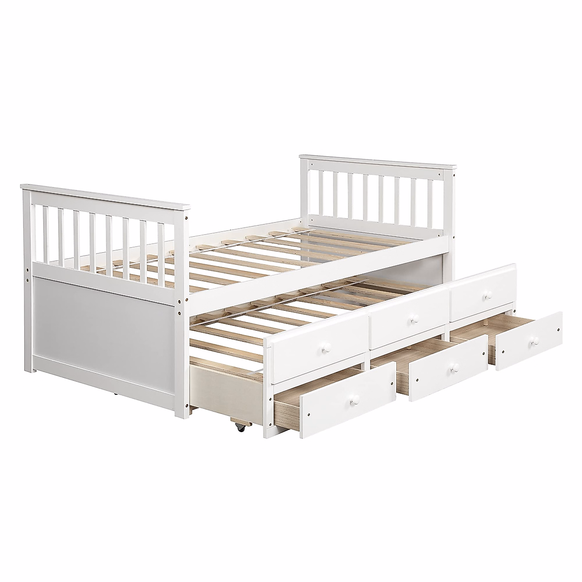 Rhomtree Twin Captain’s Bed Storage daybed with Trundle and Drawers for Kids Guests (White)