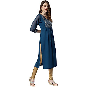 Janasya Indian Women's Teal Poly Crepe Kurta for Women