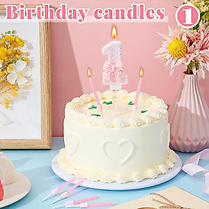 MTLEE Number Birthday Candle Girls Pink Bow Glitter Happy Birthday Number Candle with 10 Long Thin Cupcake Candle Bowknot Cake Topper Decorations for Wedding Anniversary Princess Theme Party(1st)