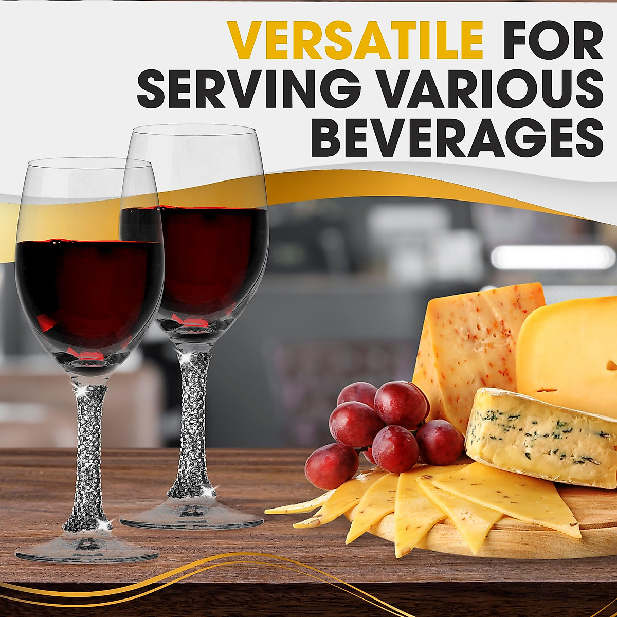 BERKWARE Premium Wine Glasses Set of 2 - Crystal Long Stem Wine Glass with Silver Rhinestone Stem Design - 12 oz