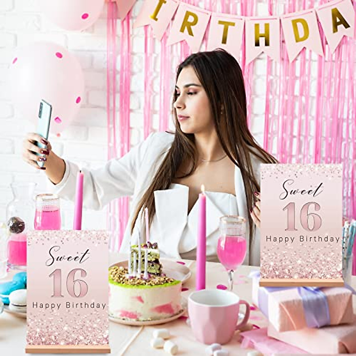 Vlipoeasn Sweet 16 Birthday Table Decoration for Girls, Rose Gold Glitter 16th Happy Birthday Poster, Sweet 16 Acrylic Table Sign with Wooden Stand, 16 Years Old Birthday Centerpieces