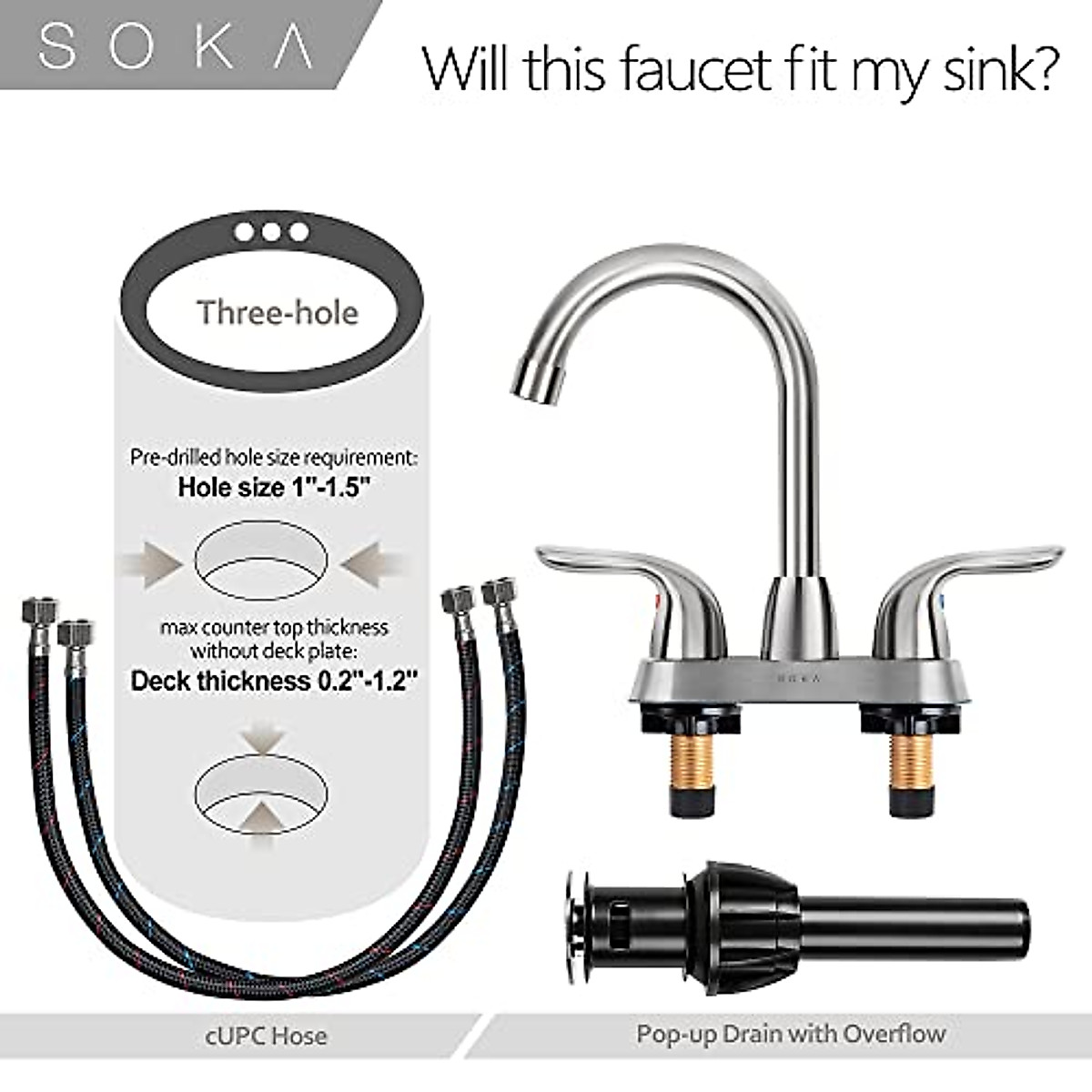 SOKA Centerset Bathroom Sink Faucet Two Handles High Arc 4" Lavatory Bath With Deck Plate & Pop-Up Drain Fit 3 Hole Installation, Brushed Nickel (SK18001NY)