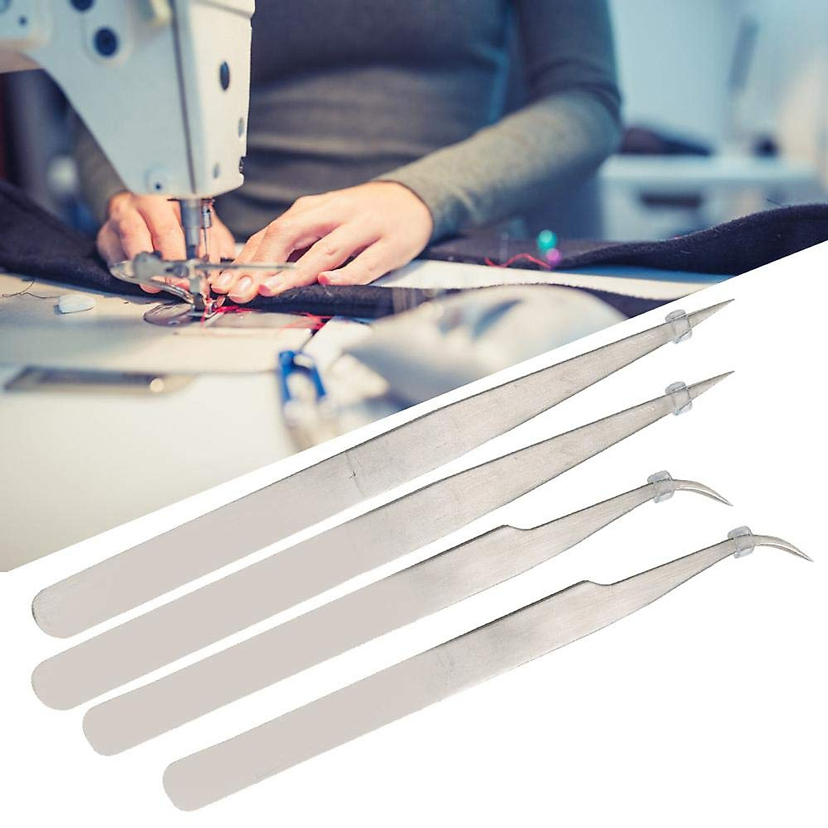 HEEPDD Tweezers, 4PCS Serger Tweezers with Serrated Tips Serrated Bent Tweezers Tips Stainless Steel Straight Tweezer Tip Curved Anti Static Tweezers Sewing Machine Accessory