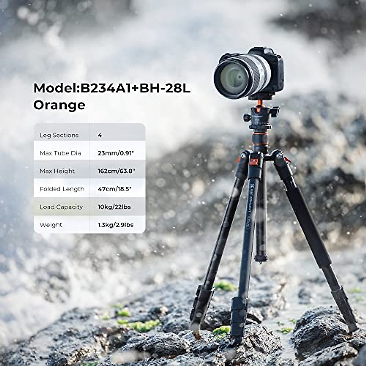 K&F Concept 64 inch/162cm Camera Tripod, Compact Aluminum Alloy Travel Tripods with 28mm Metal Ball Head 10KG/22lbs Load Capacity, Detachable Monopod, for SLR DSLR Digital Camera(B234A1+BH-28L)