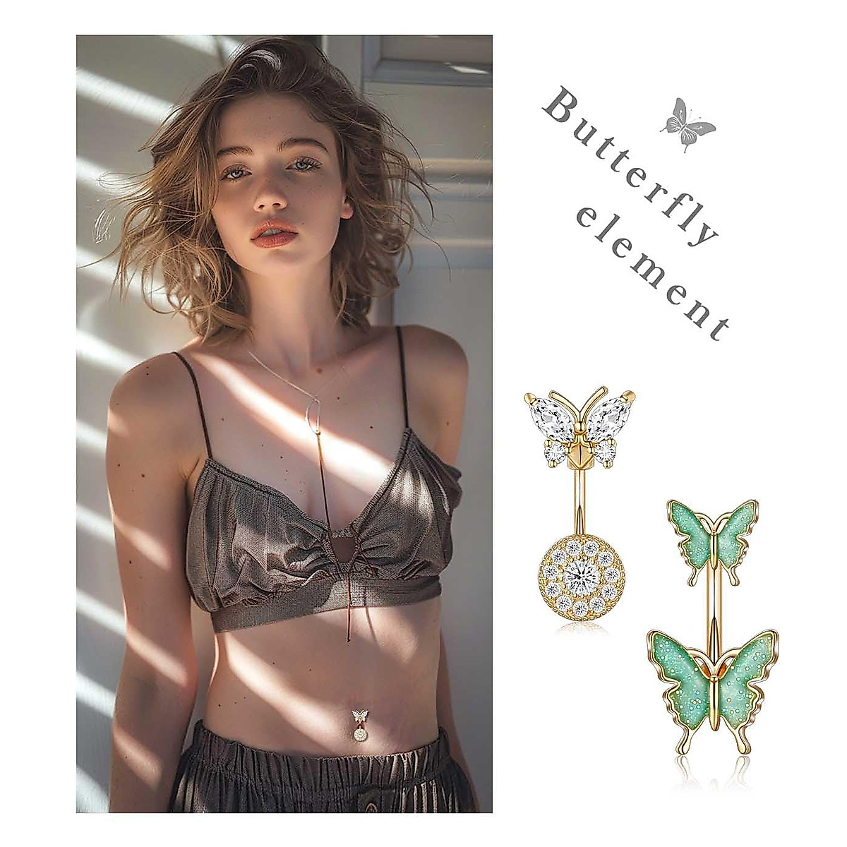 Shakalaka Surgical Steel Belly Button Ring for Women with Cute Butterfly Navel Rings Piercing Jewelry Pack Gold