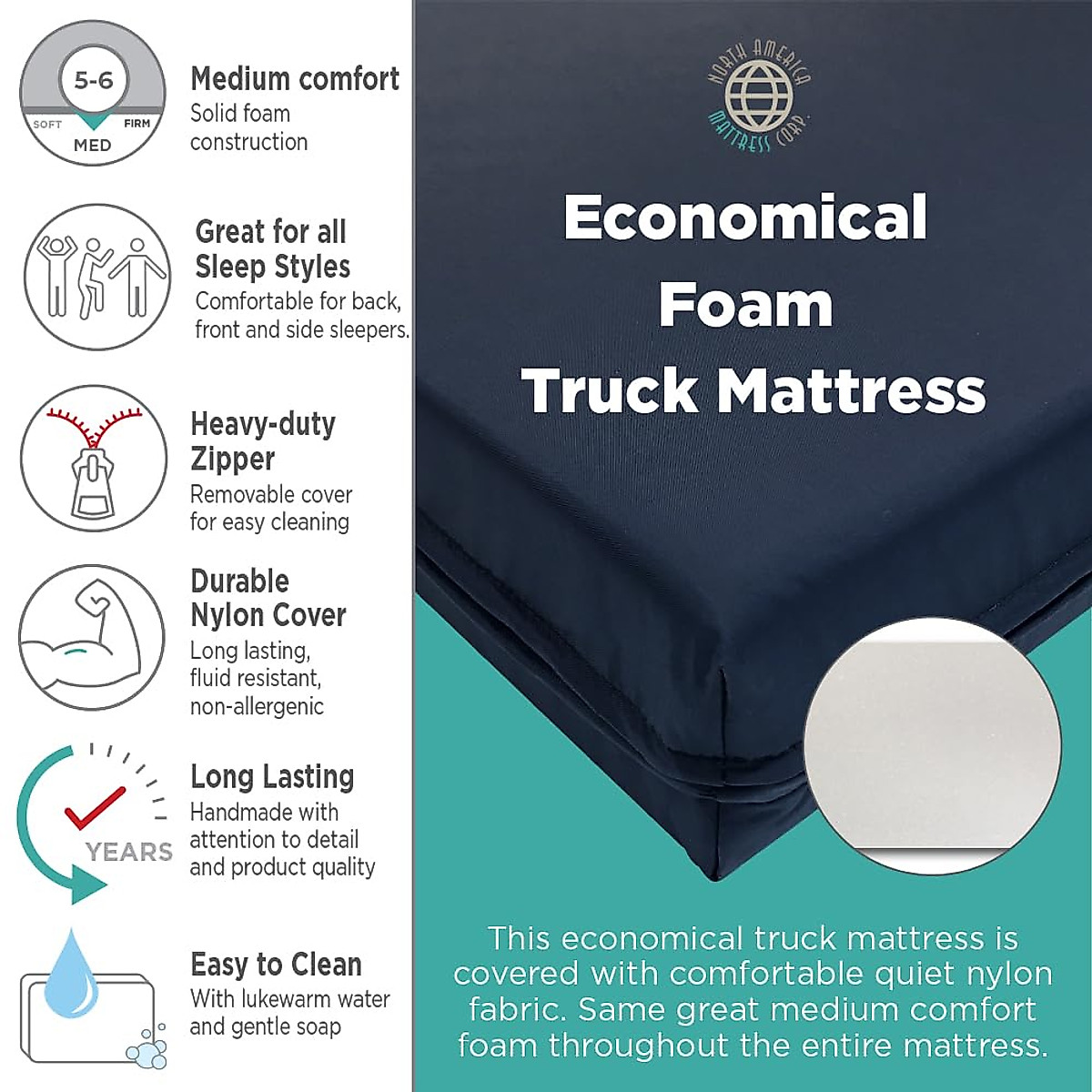Everynight Road Deluxe - Dual Sided Economical Medium Comfort Foam Truck Mattress, 80" x 34" x 5"