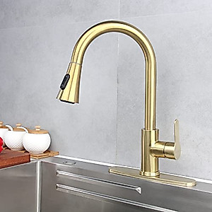 Kohonby Gold Kitchen Faucet with Pull Down Sprayer Modern Stainless Steel High Arc Single Handle Kitchen Sink Faucet Brushed Gold, Commercial 1 Hole Kitchen Faucet with Deck