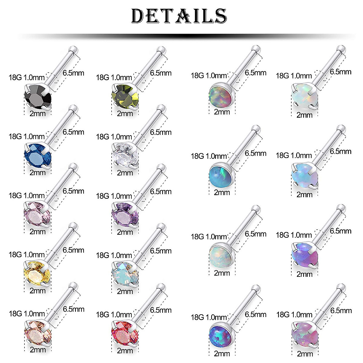 Kridzisw 18G Nose Ring Stud Piercing Jewelry for Women 316L Stainless Surgical Steel Silver Diamond Crystal Straight Opal Nose Ring Stud Hoop Earrings Bar Pin Bone Pink Piercing Jewelry Women Men 2mm