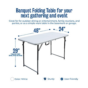 Plastic Development Group 4 Foot Long Bi Foldable Utility Garage Sale Event or Dining Banquet Multipurpose Folding Table with Carrying Handle, White