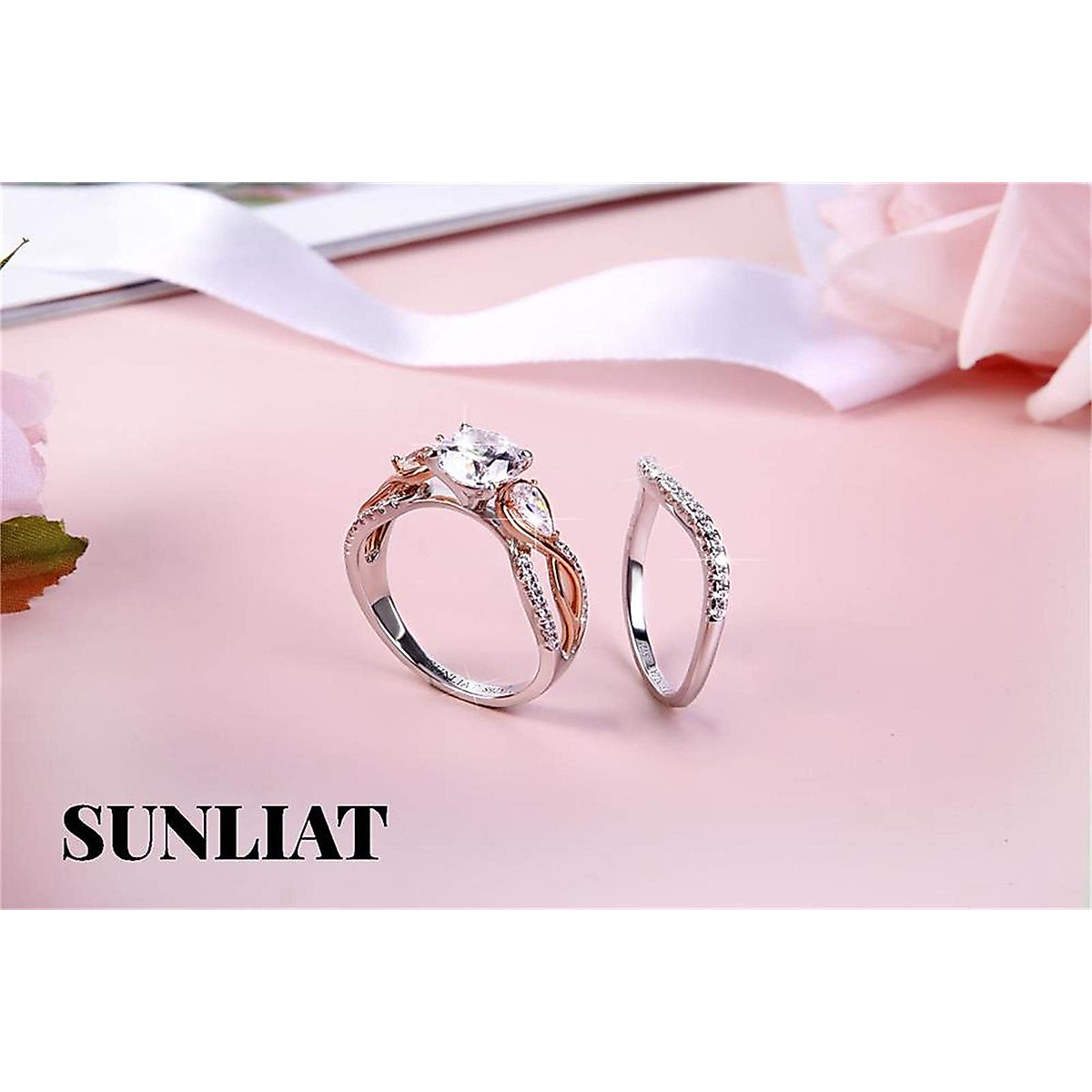 SUNLIAT Engagement Ring Bridal Sets for Women,925 Sterling Silver Rose Gold Plated Cubic Zirconia Wedding Band Ring Set, Promise Rings for Her Anniversary Rings Size 8.5