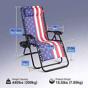 Northroad Set of 2 Zero Gravity Lounge Chairs Adjustable Steel Mesh Relaxing Recliners Outdoor Folding Patio Lawn Chair w/Pillows & Cup Holder Trays - American Flag