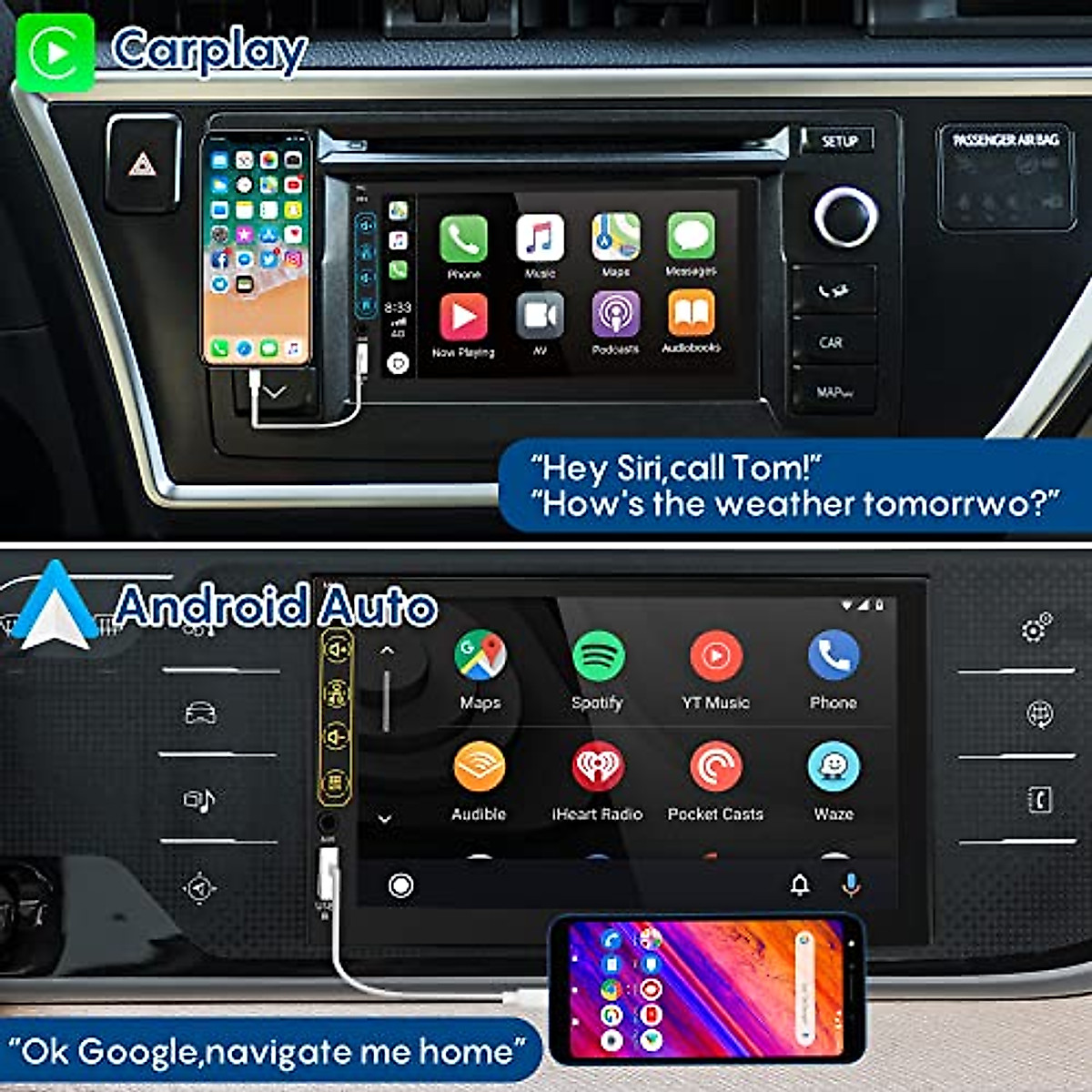 Double Din Car Stereo Compatible with Carplay and Android Auto ，7 Inch 1080P HD Touch Screen Radio，Mirror Link, Backup Camera, Steering Wheel, Bluetooth, FM,USB/AUX Port. (Wired Carplay)