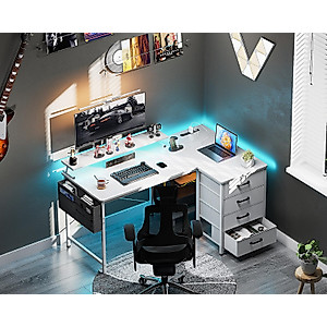 ODK 48-Inch L Shaped Gaming Desk with LED Lights & USB Power Outlets, Reversible Computer Desk with 4 Drawers, Corner Gamer Desk with CPU Shelf & Monitor Stand, Gaming Table for Bedroom, White