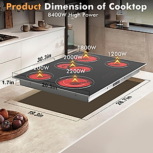 Jessier Electric Cooktop 30 Inch - 5 Burners Built-in Ceramic Cooktop, 30" Electric Stove Top with Glass Protection Metal Frame, 9 Heating Level, 8400W, 220-240V for Hard Wire(No Plug)