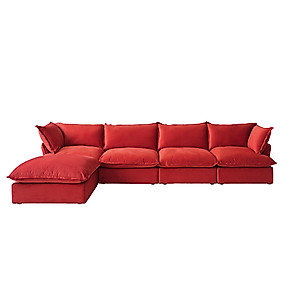 JACH L-Shaped Velvet Sectional Couches, Modular Couch Sectional, Deep 4 Seats Sofa with Storage Ottoman, Cushion Covers Removable, Two Corners and Two Middle Sofa for Living Room (Red)