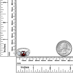 Gem Stone King 925 Sterling Silver Red Garnet and White Zirconia 3 Stone Engagement Ring For Women (3.90 Cttw, Gemstone January Birthstone, Cushion Checkerboard 8MM, Size 8)