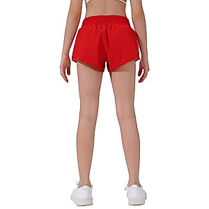 Aurefin Girls Athletic Shorts, Lightweight Running Shorts for Teen Girls Kids Sports Active Shorts with Zip Pocket and Elastic Red/XL