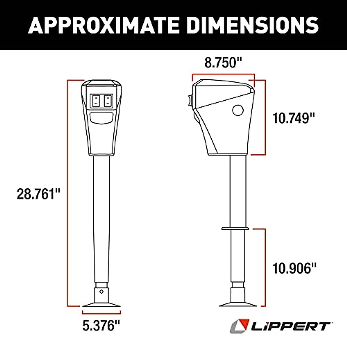 Lippert Power Tongue Jack Electric Trailer A-Frame, 3,500 lbs. 18-Inch Stroke, 5.4-Inch Foot Pad, Durable Textured Casing, Emergency Manual Crank Override, 10.75" Retracted, 28.75" Extended - 285318