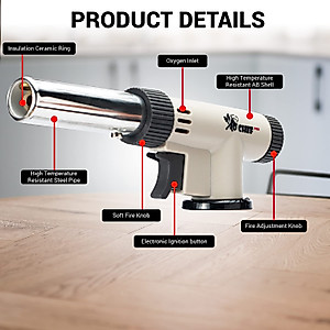 Jo Chef Pro Butane Torch Lighter - Refillable Butane Torch Head, Hand Held, Small with Adjustable Flame - Culinary Blow Torch, Creme Brulee Torch, Baking, BBQ