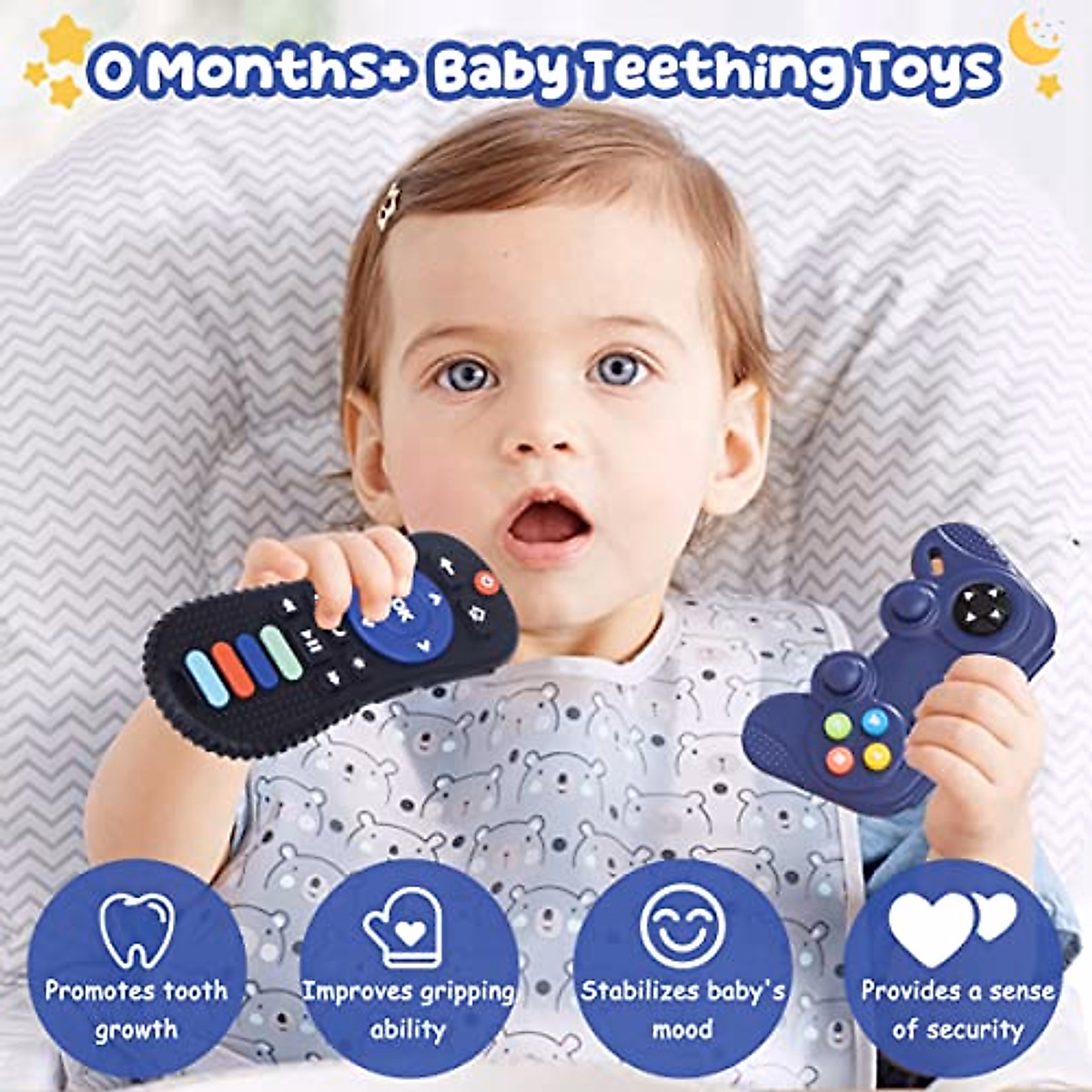 FXK Baby Teething Toys, 2 Pack TV Remote Control & Game Controller Shape Teether Toys, BPA Free Chew Toys Set for Babies 6-12 Months(Black+Blue)