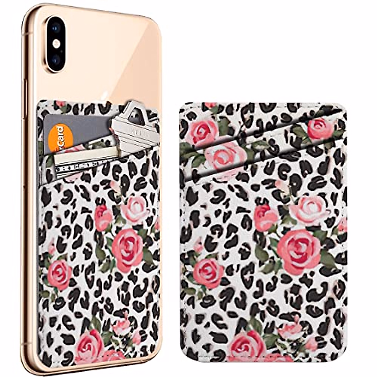 Diascia Pack of 2 - Cellphone Stick on Leather Cardholder ( Cute Rose Mix Leopard Pattern Pattern ) ID Credit Card Pouch Wallet Pocket Sleeve
